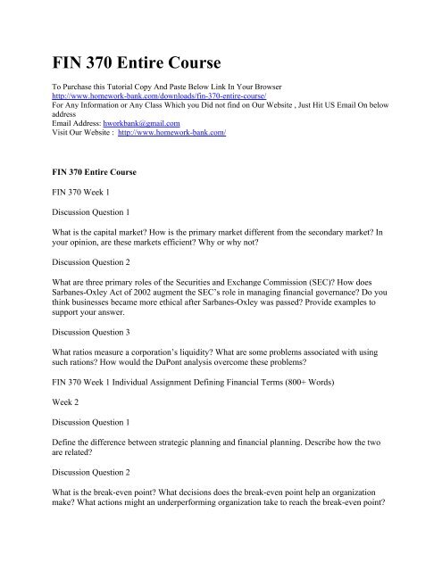 FIN 370 Entire Course