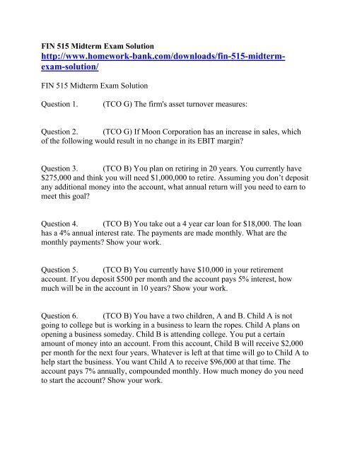 FIN 515 Midterm Exam Solution