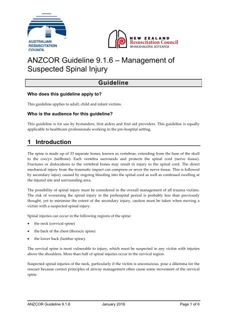 ANZCOR Guideline 9.1.6 – Management of Suspected Spinal Injury