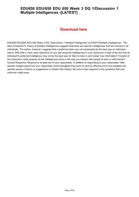 EDU650 EDU/650 EDU 650 Week 3 DQ 1/Discussion 1 Multiple Intelligences ...