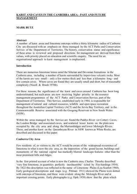 karst and caves in the canberra area - past and future ... - Mark Butz