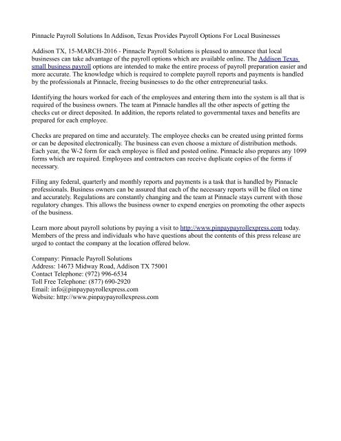 Pinnacle Payroll Solutions In Addison, Texas Provides Payroll Options ...