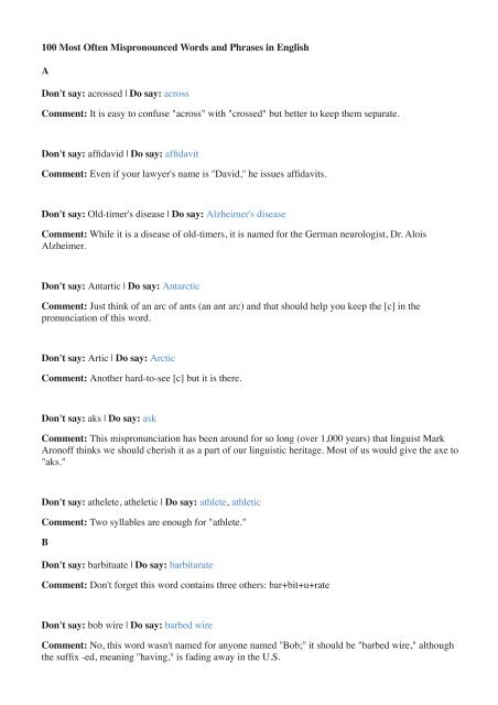 100 Most Often Mispronounced Words and Phrases in English