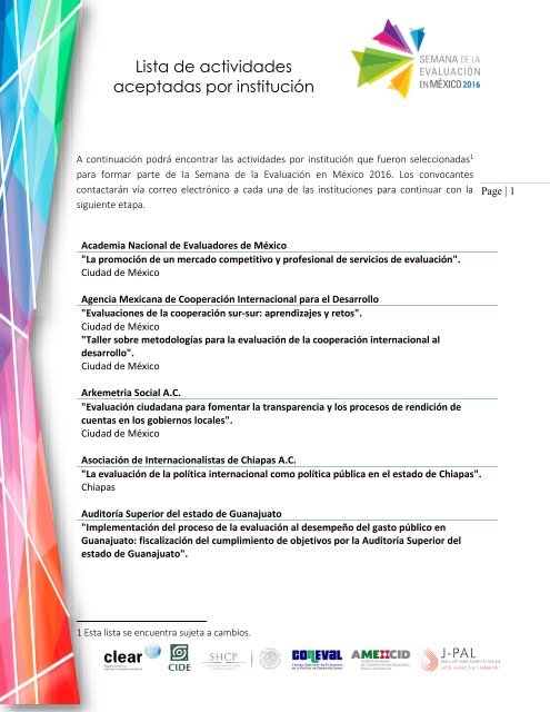 Lista de actividades aceptadas por institución