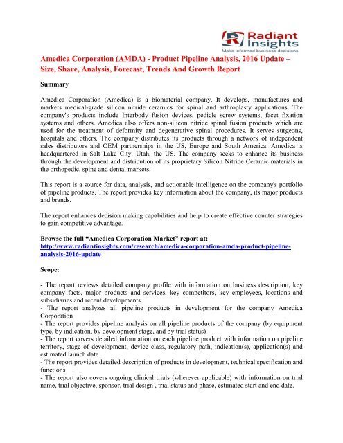 Amedica Corporation (AMDA) - Product Pipeline Analysis, 2016 Update