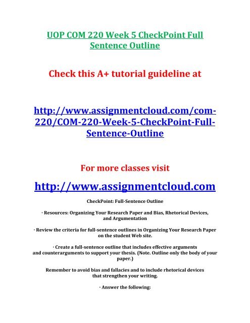 UOP COM 220 Week 5 CheckPoint Full Sentence Outline