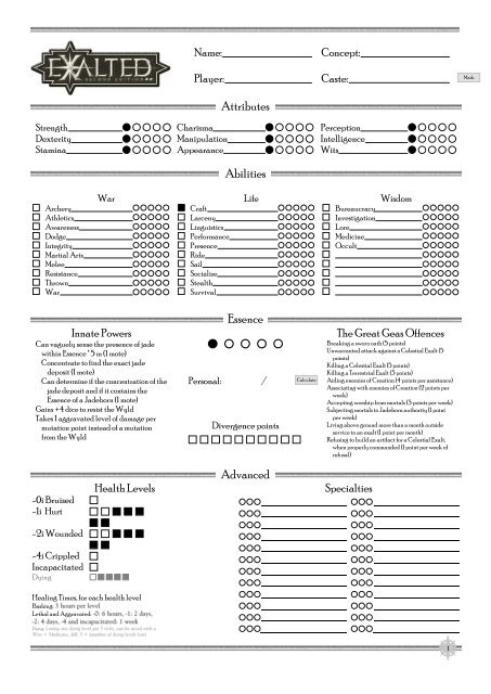 The complete character sheet - Standard - Exalted, character sheets