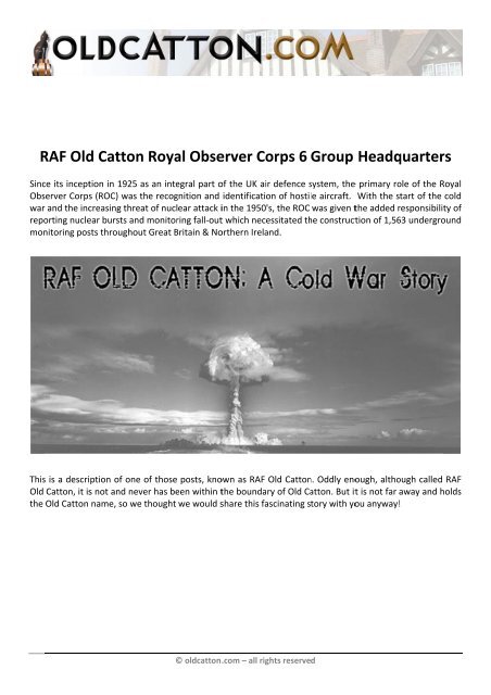 RAF Old Catton Royal Observer Corps 6 Group Headquarters