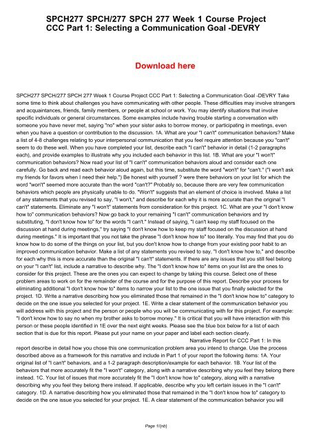 SPCH277 SPCH/277 SPCH 277 Week 1 Course Project CCC Part 1_ Selecting a Communication Goal -DEVRY