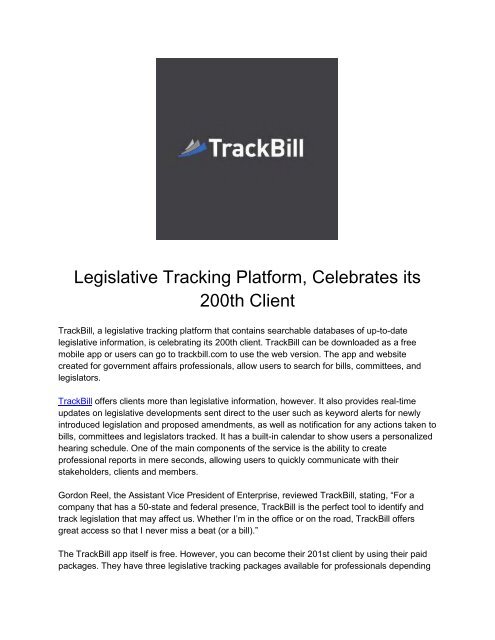 Legislative Tracking Platform, Celebrates its 200th Client