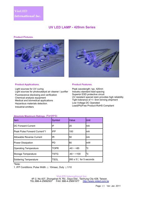 UV LED LAMP - 420nm Series - VioLED International Inc.