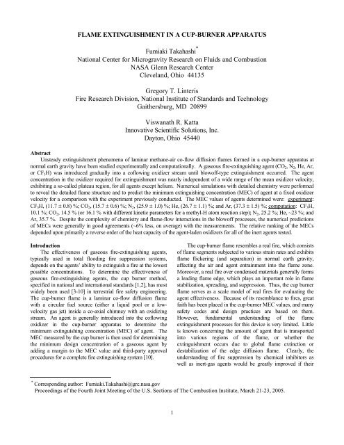 FLAME EXTINGUISHMENT IN A CUP-BURNER APPARATUS - NIST
