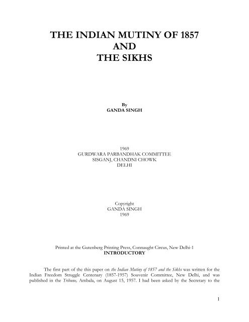 The Indian Mutiny of 1857 and the Sikhs - Prof. Ganda Singh