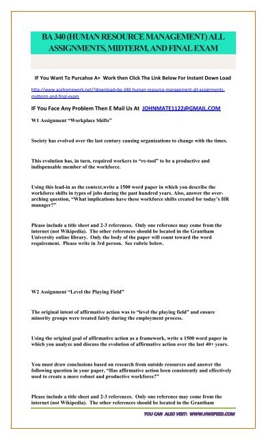 BA 340 (HUMAN RESOURCE MANAGEMENT) ALL ASSIGNMENTS, MIDTERM, AND FINAL EXAM