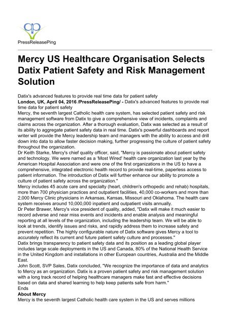 Mercy US Healthcare Organisation Selects Datix Patient Safety and Risk ...