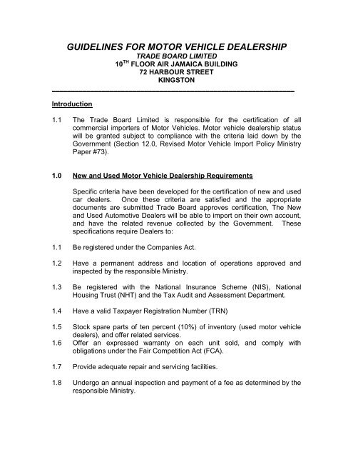 GUIDELINES FOR MOTOR VEHICLE DEALERSHIP - Trade Board