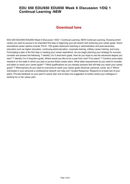 EDU 650 EDU650 EDU/650 Week 6 Discussion 1/DQ 1 Continual Learning -NEW