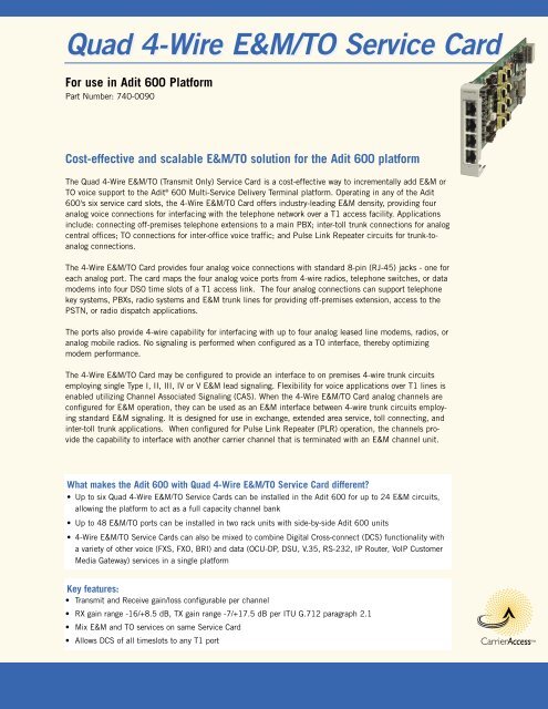 Quad 4-Wire E&M/TO Service Card Quad 4-Wire E&M/TO Service ...