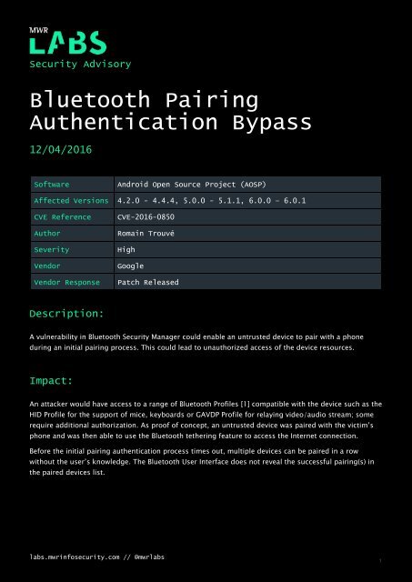 Bluetooth Pairing Authentication Bypass