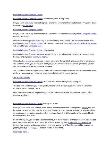 Continuity Income Program Review