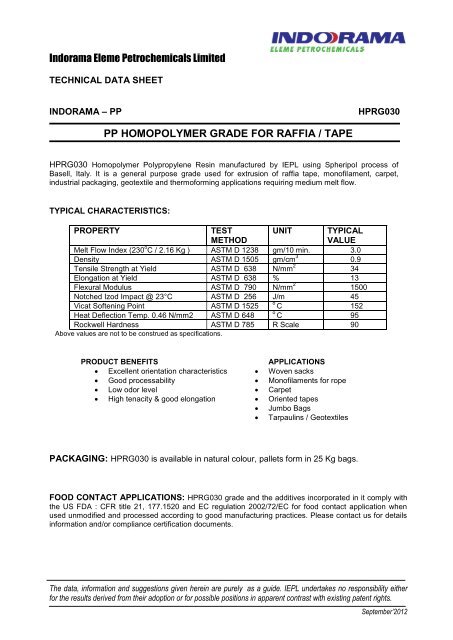 Indorama Eleme Petrochemicals Limited PP HOMOPOLYMER ...