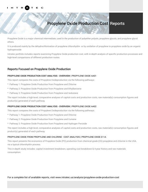 Propylene Oxide Plant Cost