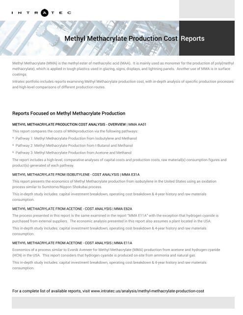 Feasibility Study of Methyl Methacrylate Production