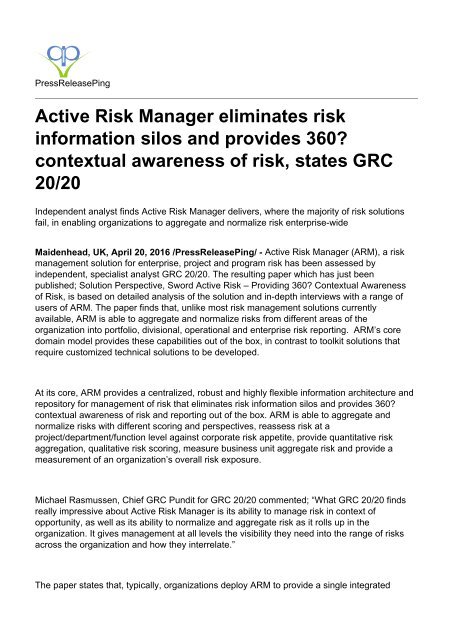 Active Risk Manager eliminates risk information silos and provides 360 ...