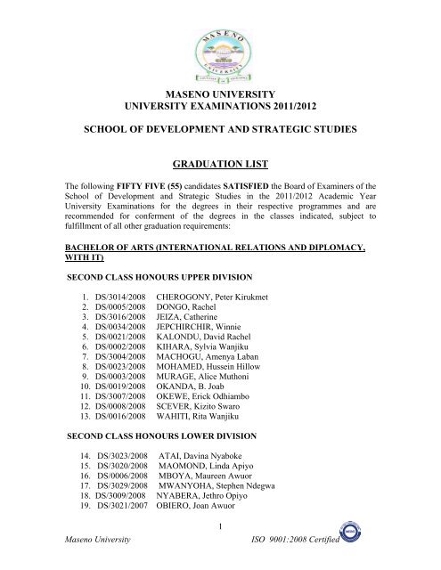 Bachelors Programmes Graduation List - Maseno University