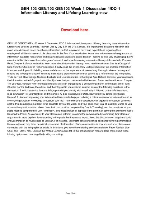 GEN 103 GEN103 GEN/103 Week 1 Discussion 1/DQ 1 Information Literacy ...