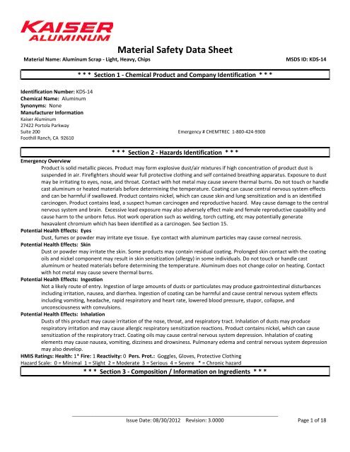Material Safety Data Sheet - Kaiser Aluminum