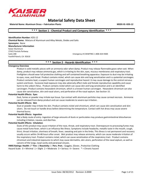 Material Safety Data Sheet - Kaiser Aluminum