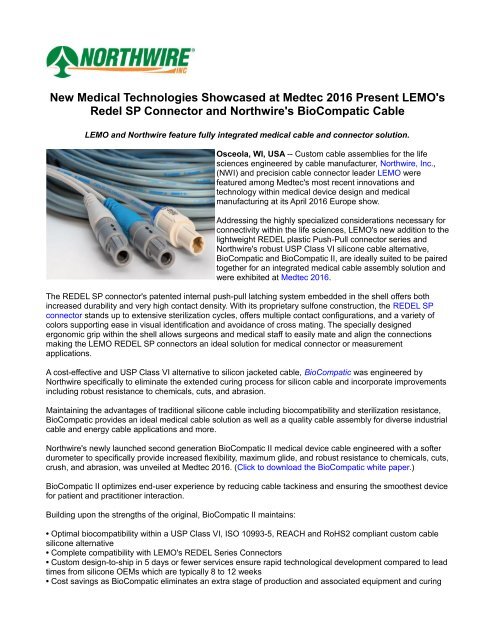 New Medical Technologies Showcased at Medtec 2016 Present LEMO's Redel SP Connector and ...