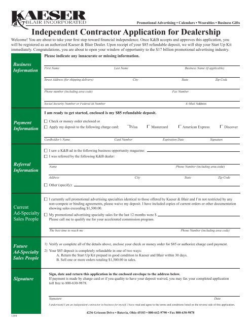 Independent Contractor Application for Dealership - Kaeser & Blair