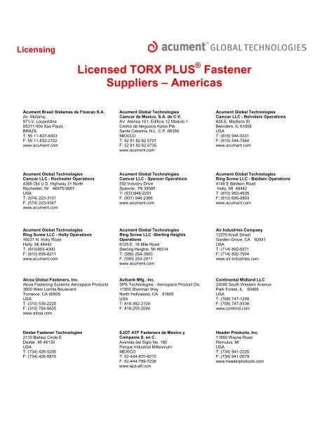 Licensed TORX PLUS Fastener Suppliers - Acument Global ...