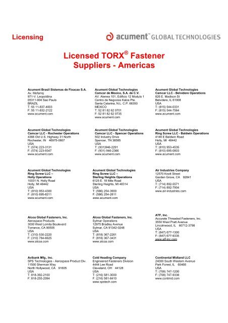 Licensed TORX Fastener Suppliers - Acument Global Technologies