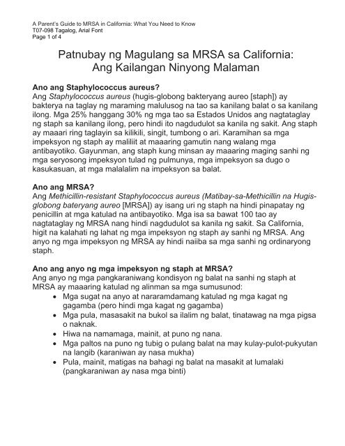 A Parent's Guide to MRSA (Tagalog) - Health Services ... - Toolkit
