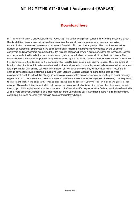 MT 140 MT/140 MT140 Unit 9 Assignment -[KAPLAN]