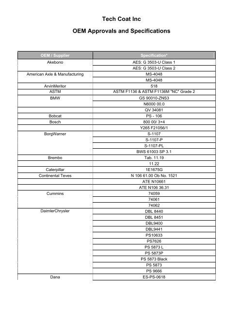 Tech Coat Inc OEM Approvals and Specifications