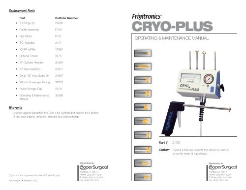 Frigitronics Cryo-Plus Directions for Use