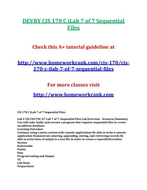 DEVRY CIS 170 C iLab 7 of 7 Sequential Files