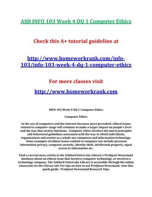 ASH INFO 103 Week 4 DQ 1 Computer Ethics
