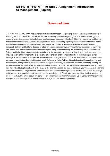 MT140 MT/140 MT 140 Unit 9 Assignment Introduction to Management -[kaplan]