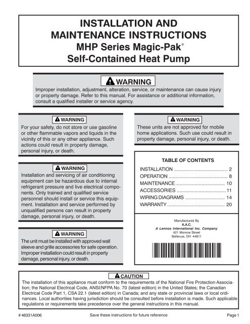 INSTALLATION AND MAINTENANCE INSTRUCTIONS ... - Magic-Pak