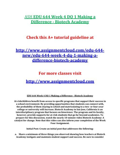 ASH EDU 644 Week 4 DQ 1 Making a Difference