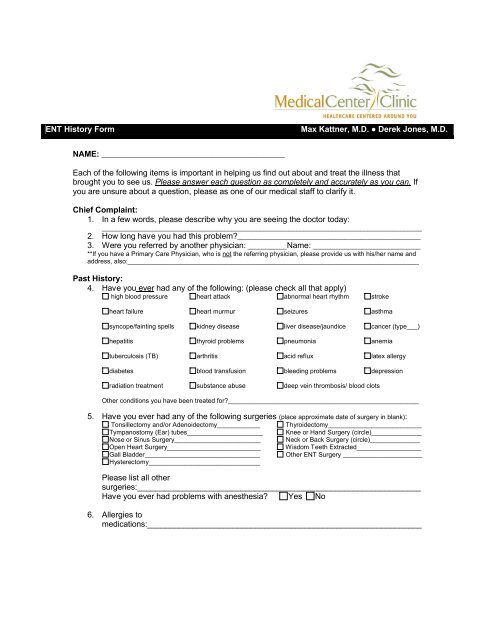ENT History Form - Medical Center Clinic