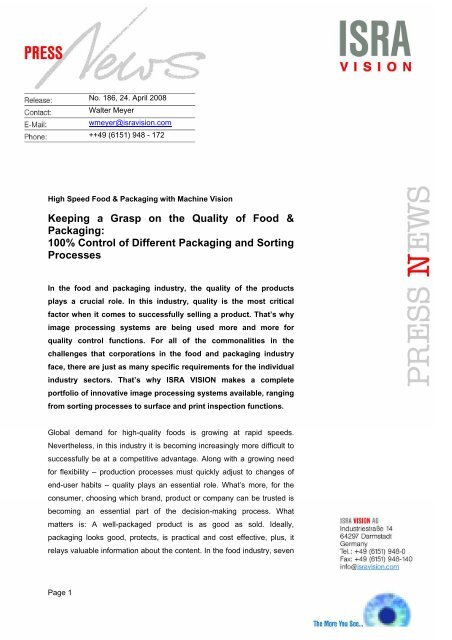 Keeping a Grasp on the Quality of Food & Packaging - ISRA Vision AG