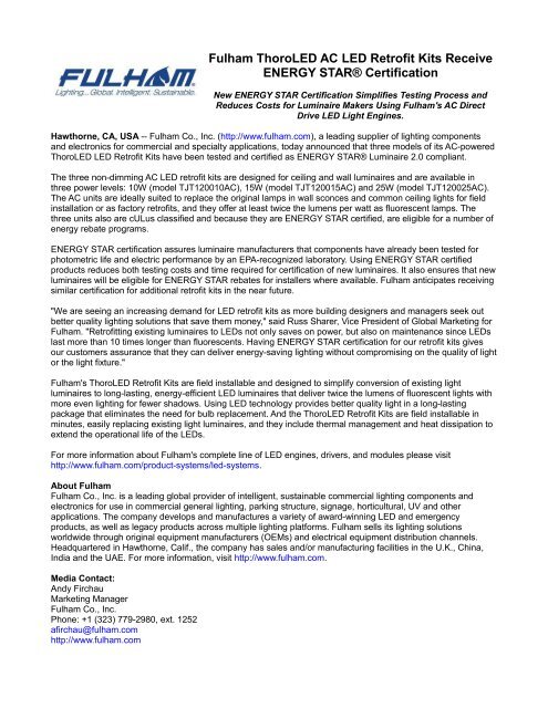 Fulham ThoroLED AC LED Retrofit Kits Receive ENERGY STAR® Certification