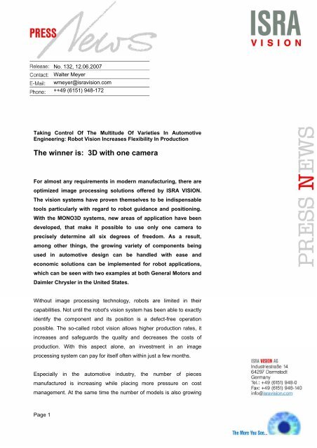 The winner is: 3D with one camera - ISRA VISION AG