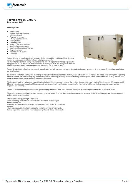Topvex SX03 EL-L AHU-C 1 / 4 Systemair AB • Industrivägen 3 • 739 ...